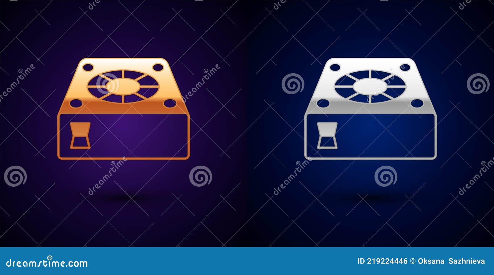 Gold and Silver Computer Cooler Icon Isolated on Black Background. PC ...