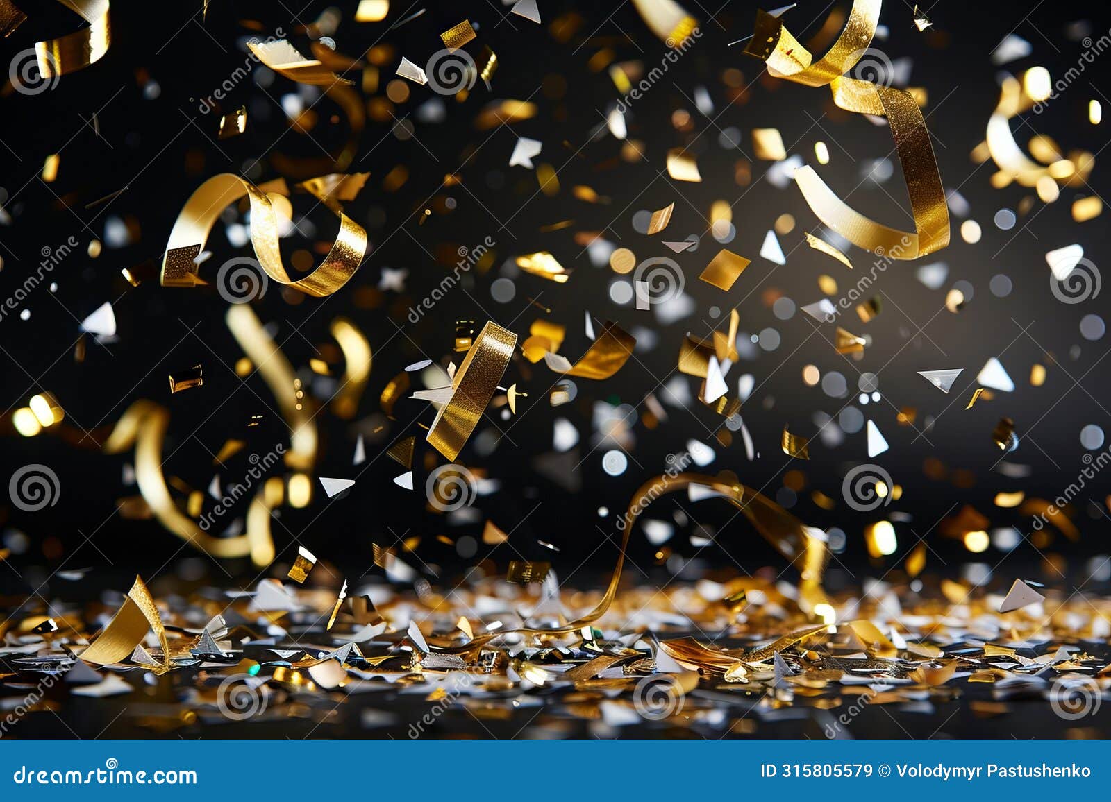 Gold and Silver Confetti Falling on a Black Background Stock Image ...
