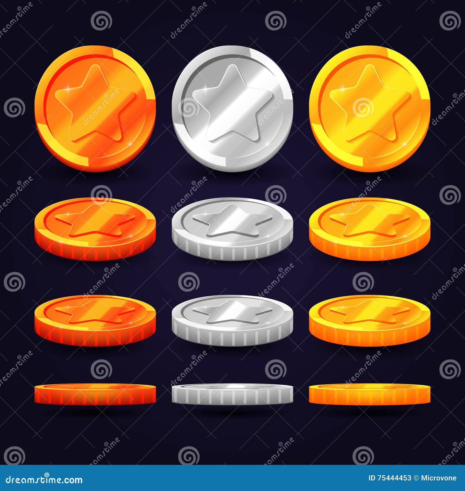 Gold, Silver, And Copper Coins In Different Positions. Vector Elements ...