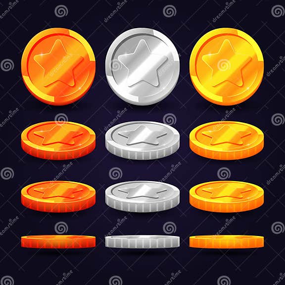 Gold, Silver, and Copper Coins in Different Positions. Vector Elements ...