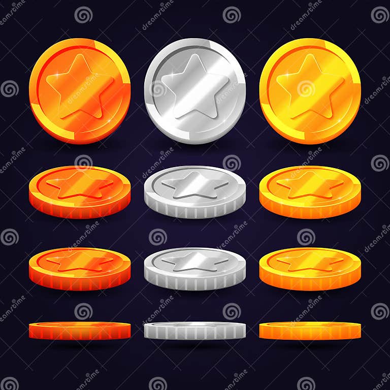 Gold, Silver, and Copper Coins in Different Positions. Vector Elements ...
