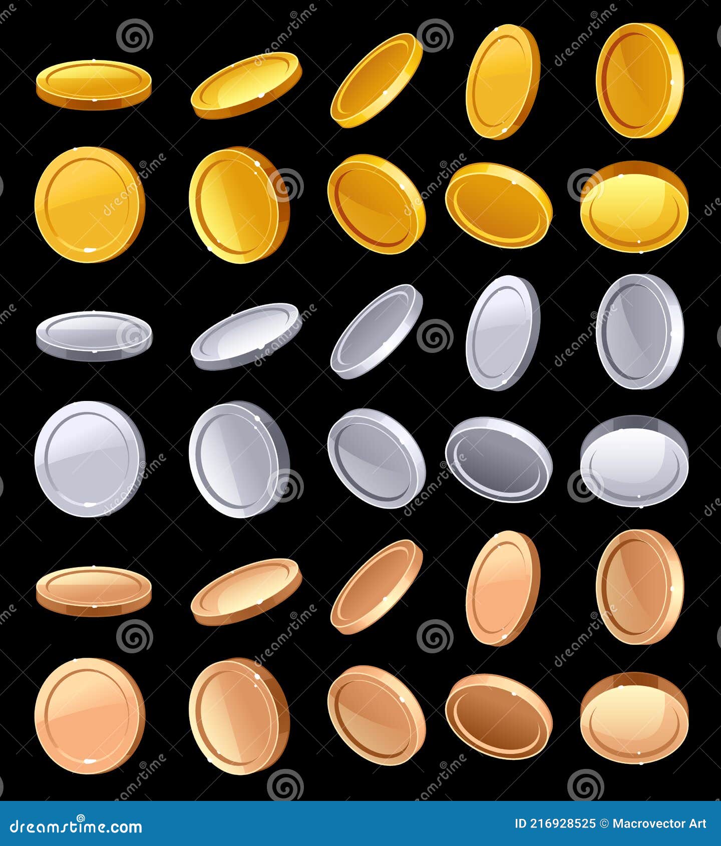 Gold, Silver, and Copper Coins in Different Positions. Vector Set Stock ...