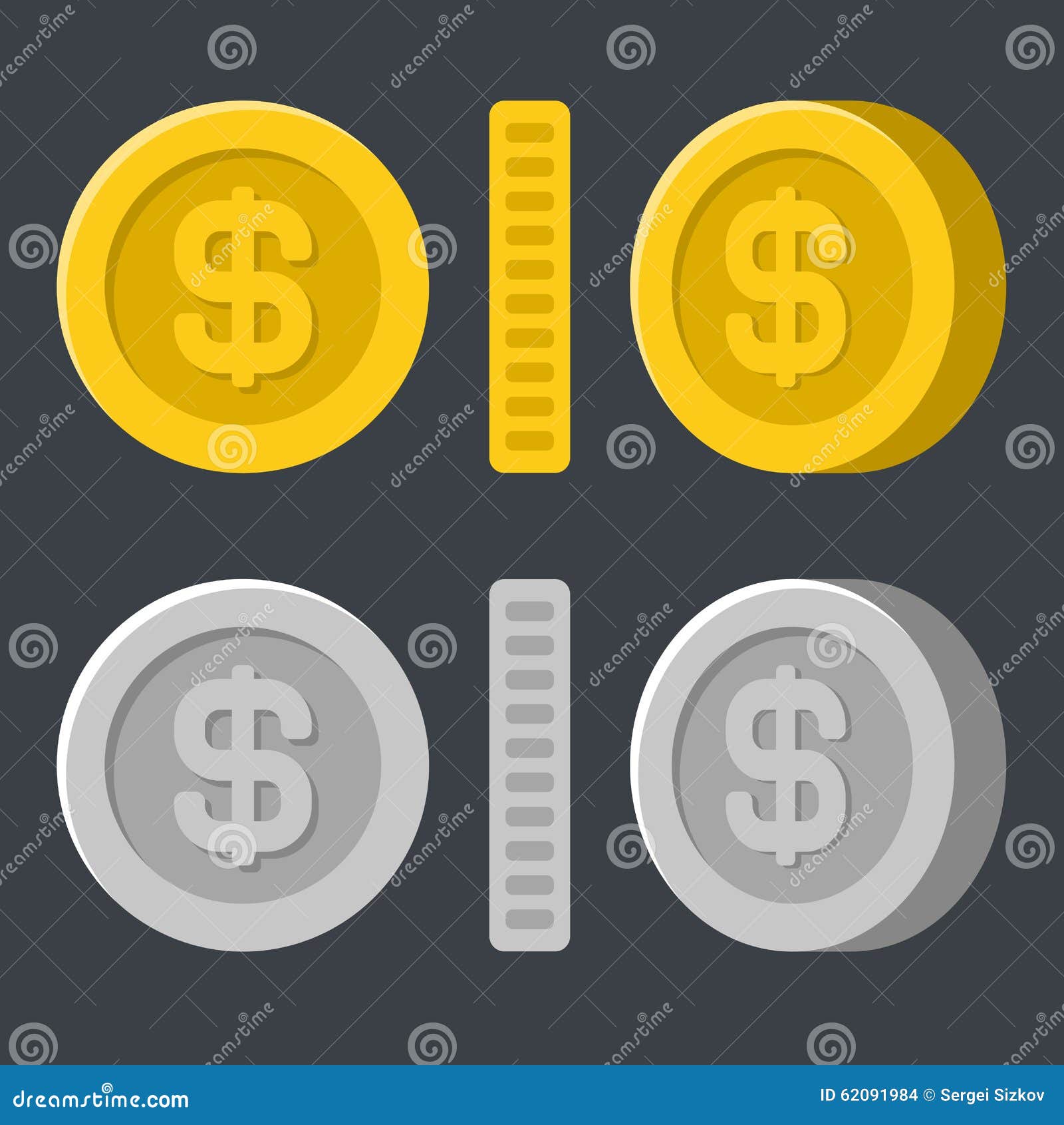 Gold and Silver Flat Style Coins Icon Set. Vector Stock Vector ...