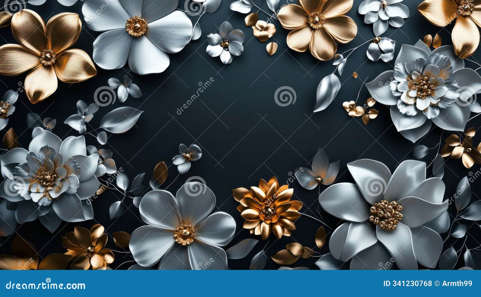 Gold and Silver Flowers Frame on Dark Background, Elegant Floral Design ...