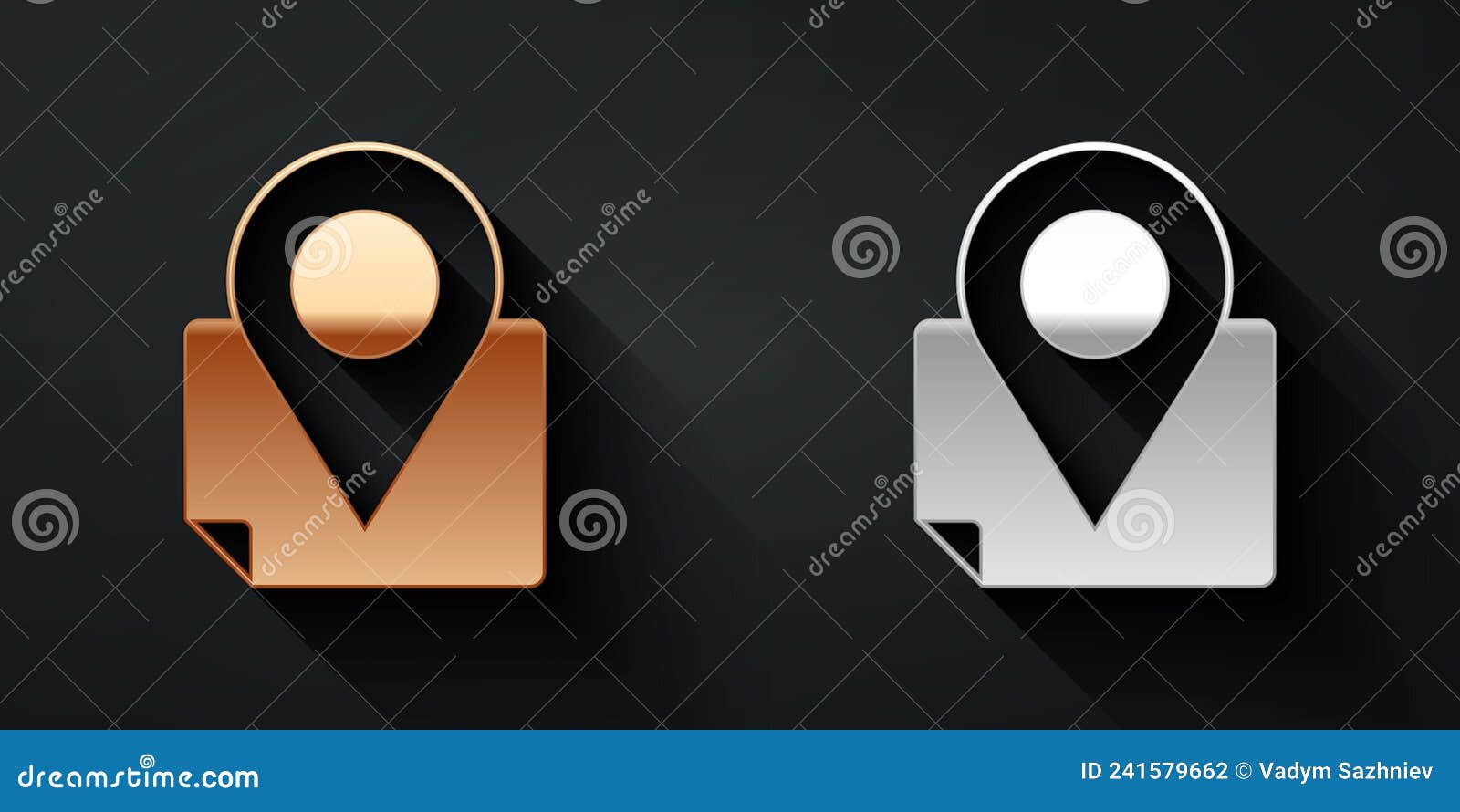 Gold and Silver Folded Map with Location Marker Icon Isolated on Black ...