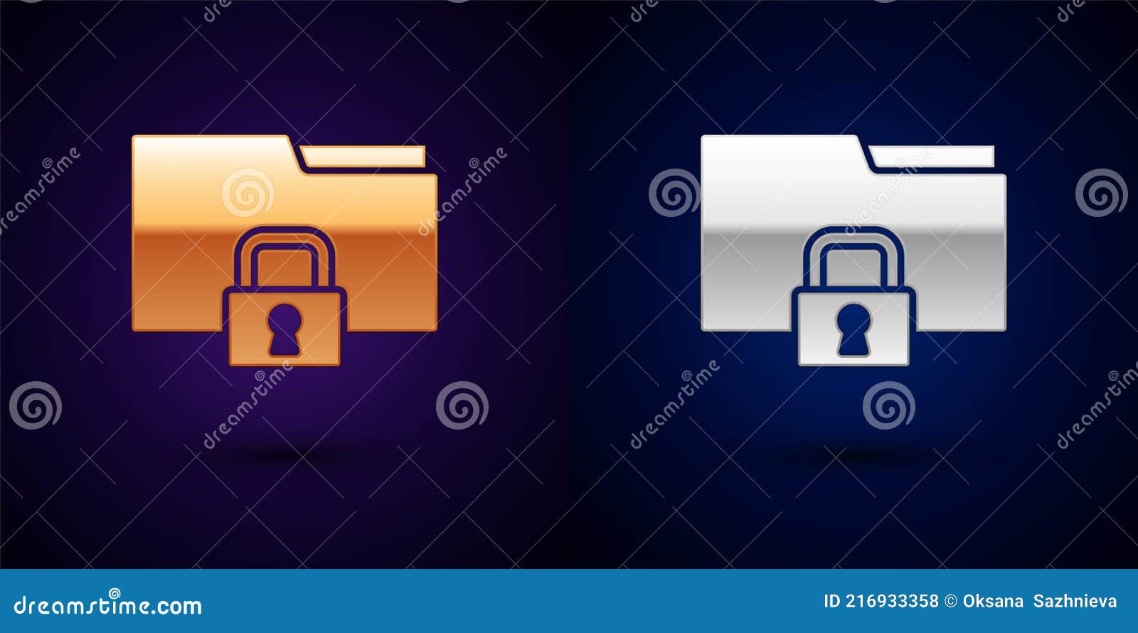 Gold and Silver Folder and Lock Icon Isolated on Black Background ...