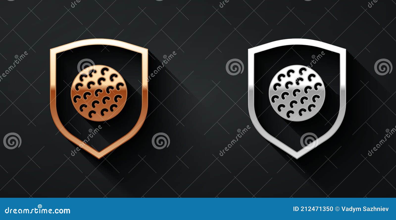 Gold and Silver Golf Ball with Shield Icon Isolated on Black Background ...