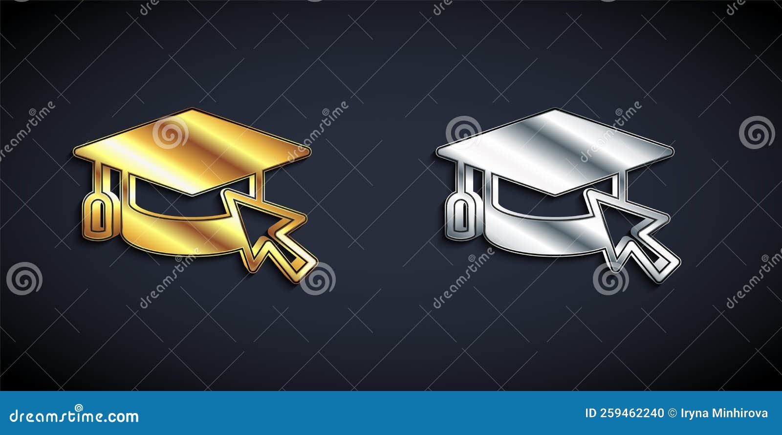 Gold and Silver Graduation Cap with Cursor Icon Isolated on Black ...