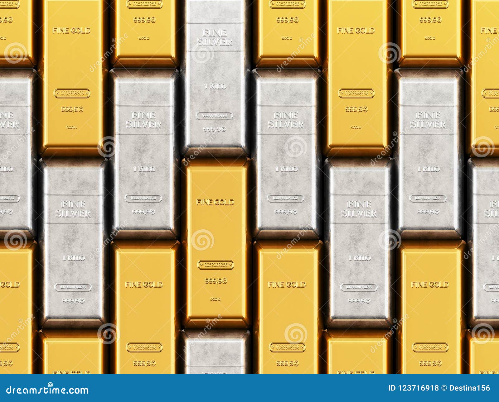 Gold and Silver Ingots Isolated on White Background. 3D Illustration ...