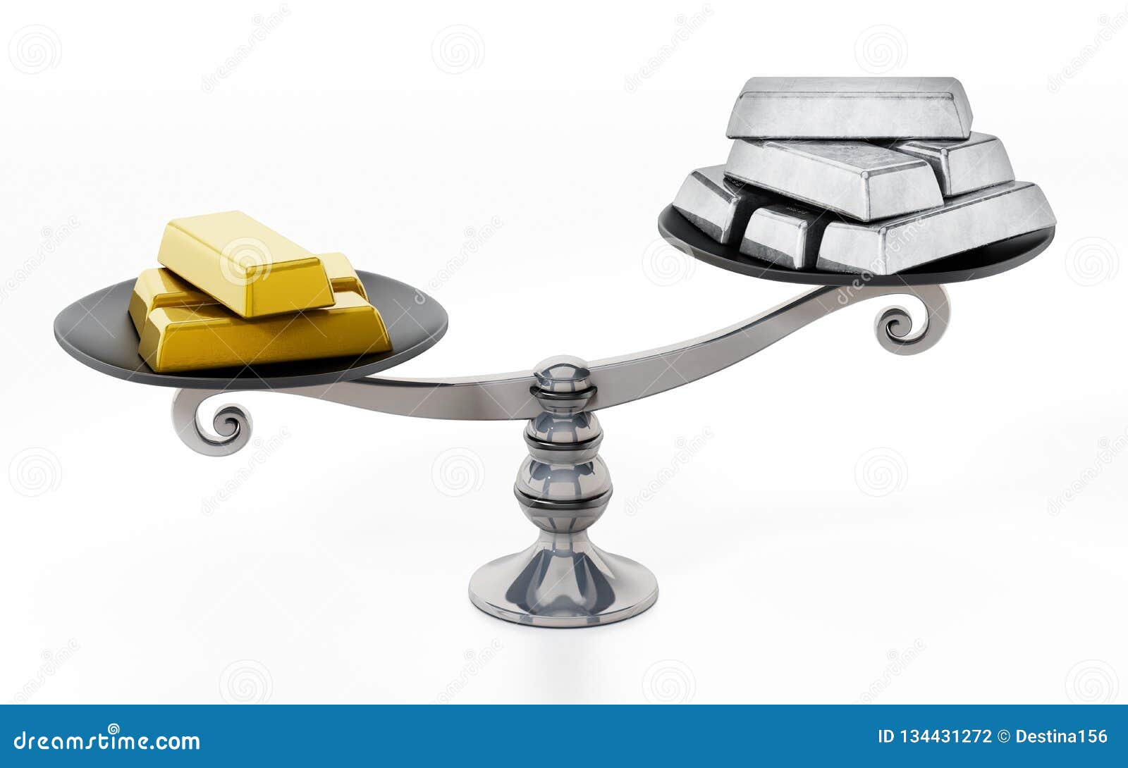 Gold and Silver Ingots Standing on Two Sides of a Scale. 3D ...