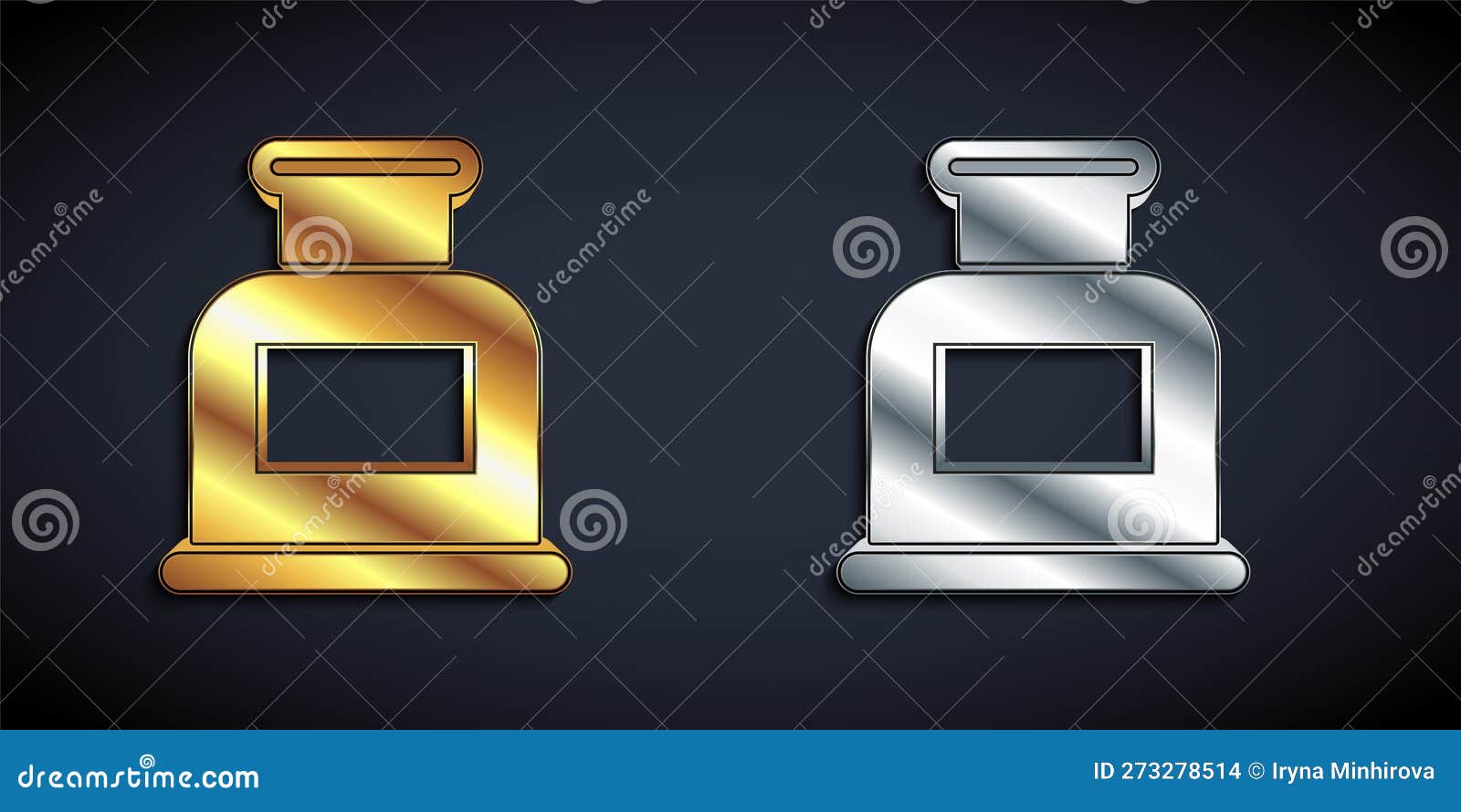 Gold and Silver Inkwell Icon Isolated on Black Background. Long Shadow ...