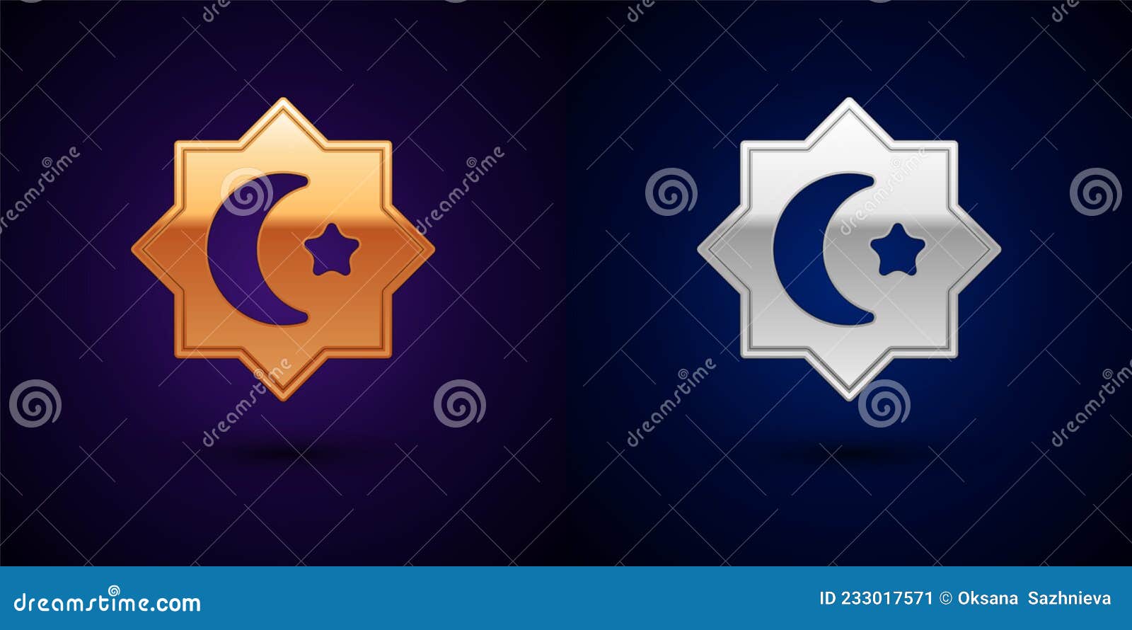 Gold and Silver Islamic Octagonal Star Ornament Icon Isolated on Black ...