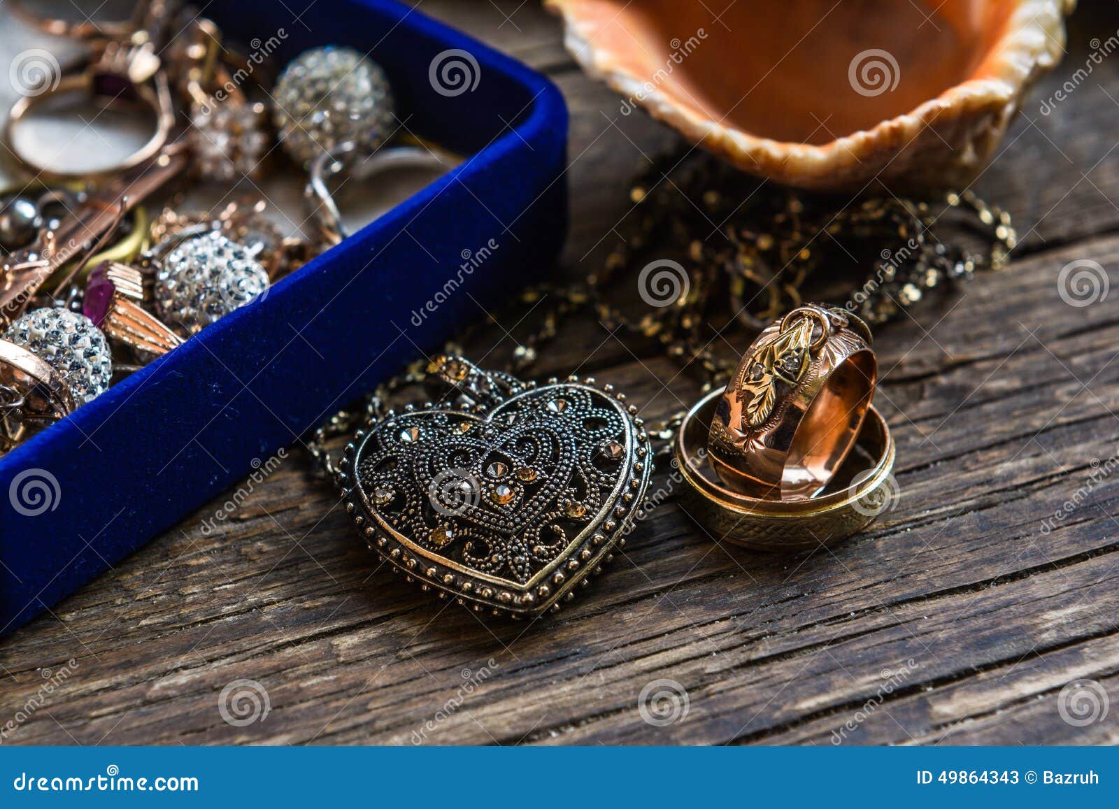 Gold and Silver Jewelry on Wood Table Stock Image - Image of fashion ...