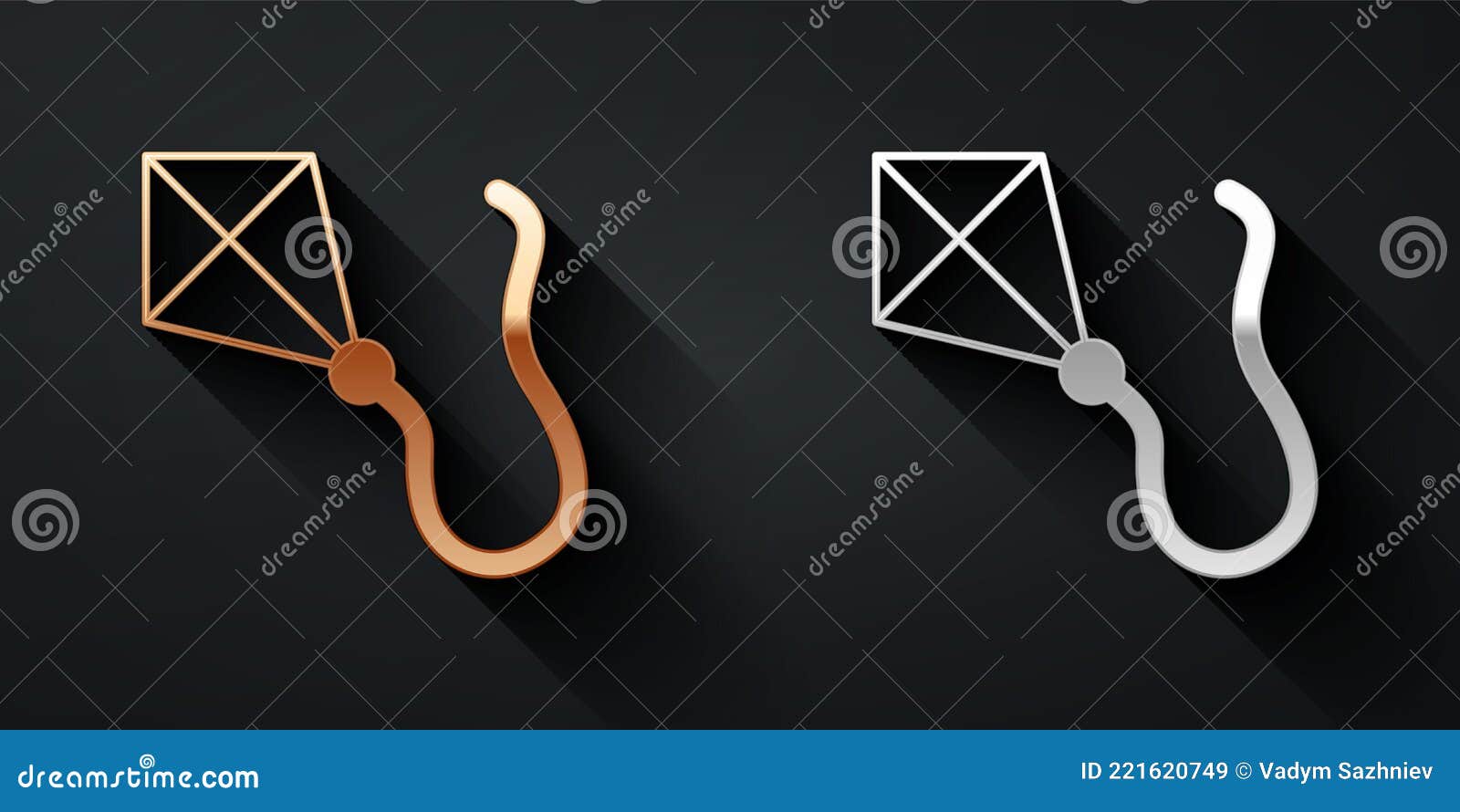 Gold and Silver Kite Icon Isolated on Black Background. Long Shadow ...