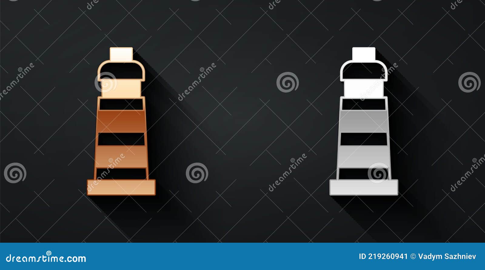 Gold and Silver Lighthouse Icon Isolated on Black Background. Long ...
