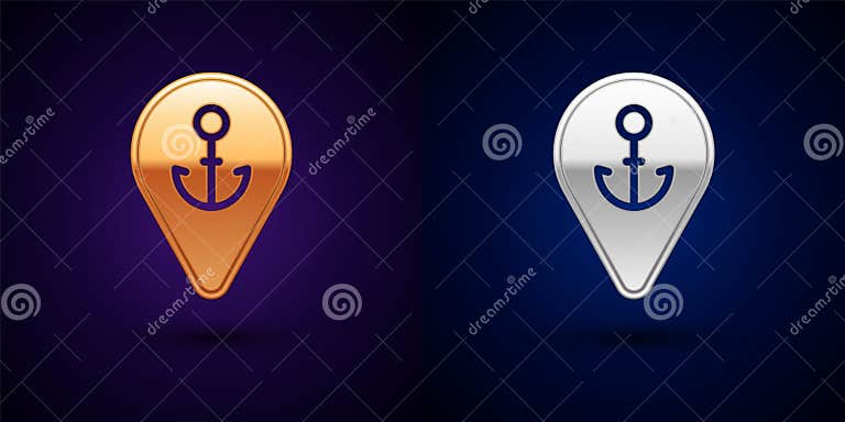 Gold and Silver Map Pointer with Anchor Icon Isolated on Black ... Gold and Silver Map Pointer with Anchor Icon Isolated on Black ...