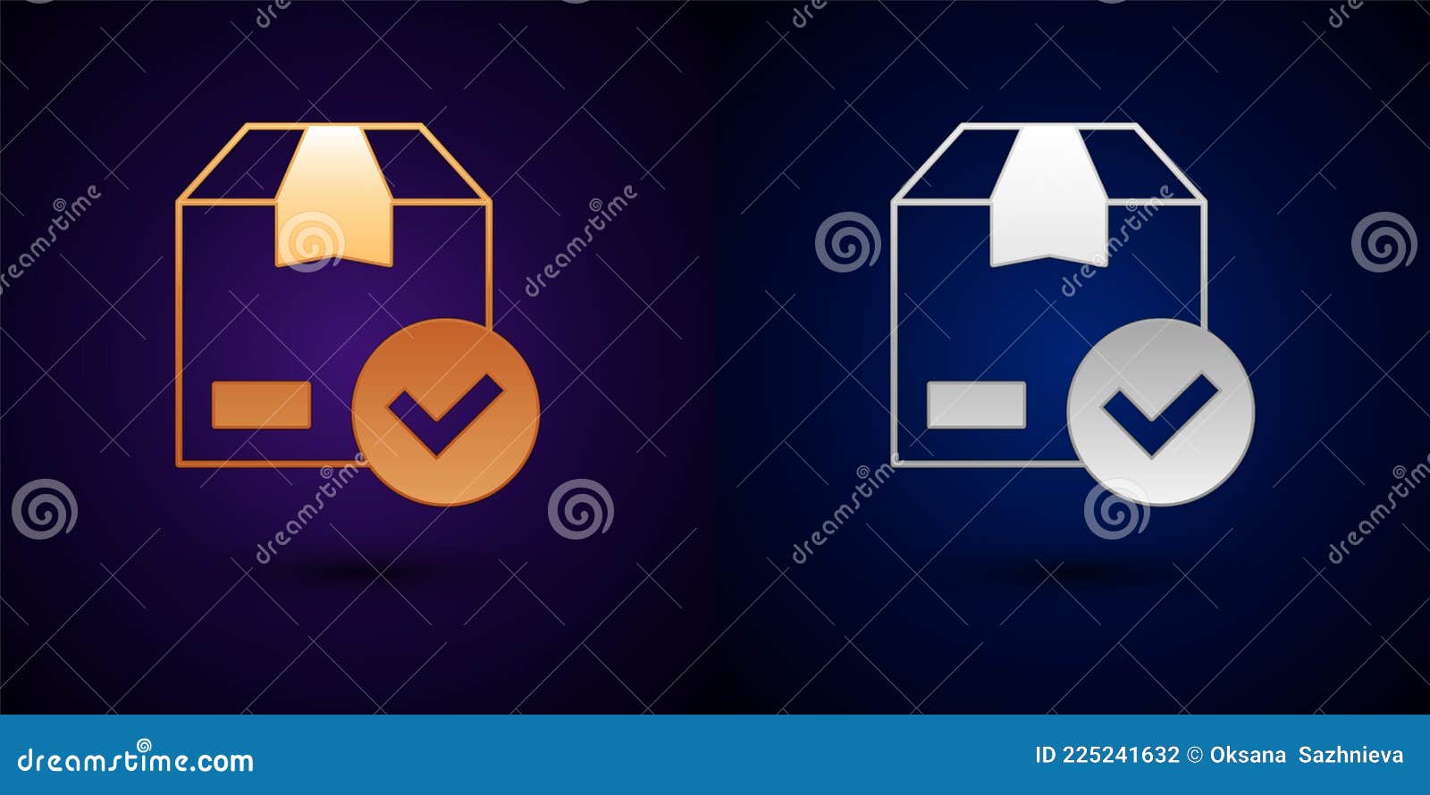 Gold and Silver Package Box with Check Mark Icon Isolated on Black ...