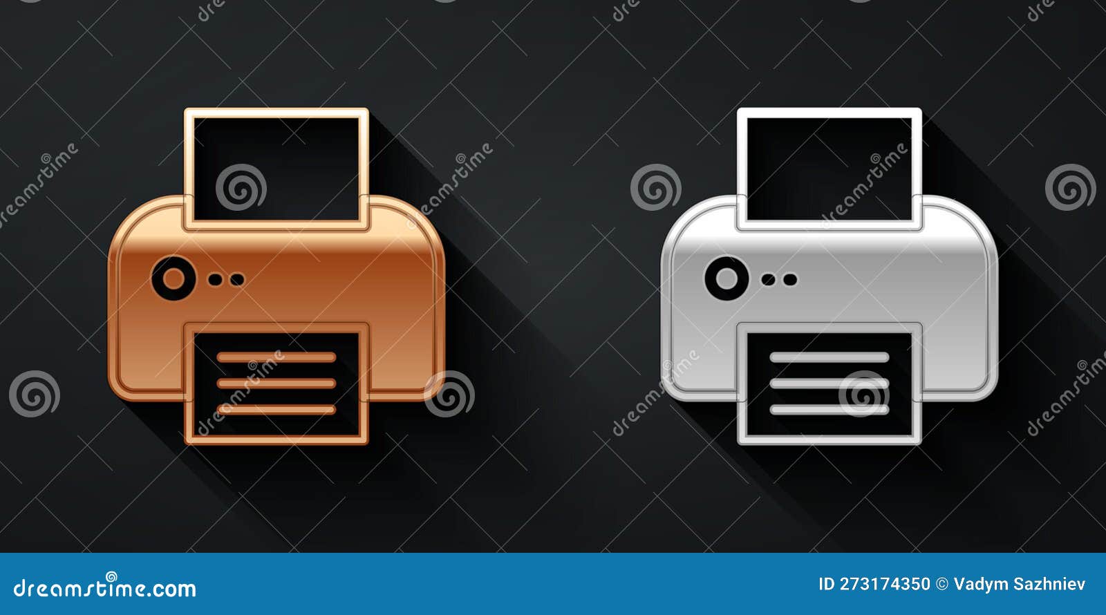 Gold and Silver Printer Icon Isolated on Black Background. Long Shadow ...