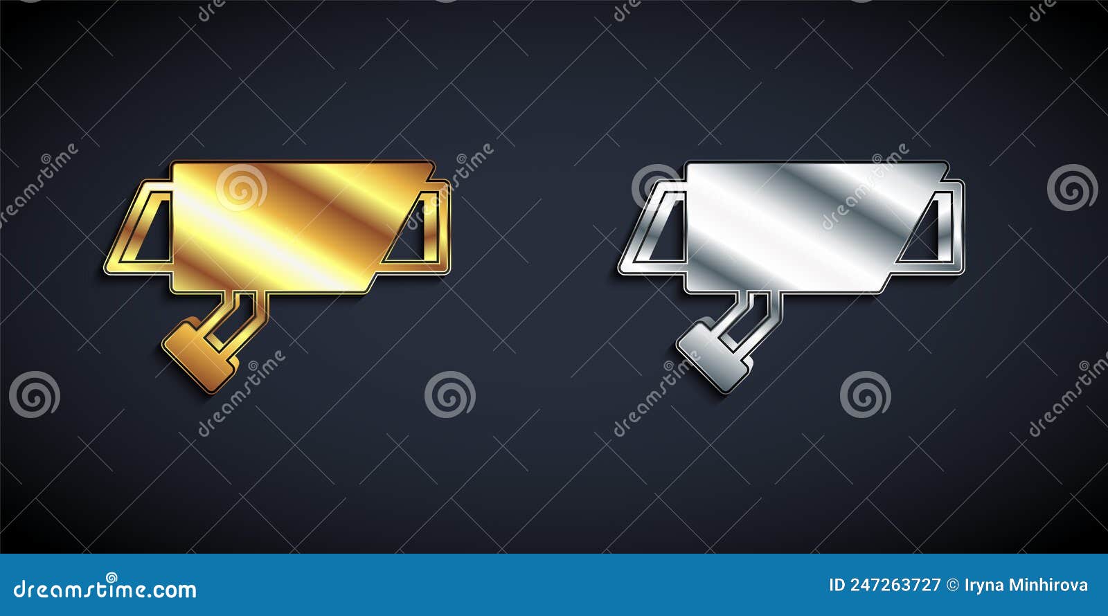 Gold and Silver Security Camera Icon Isolated on Black Background. Long ...