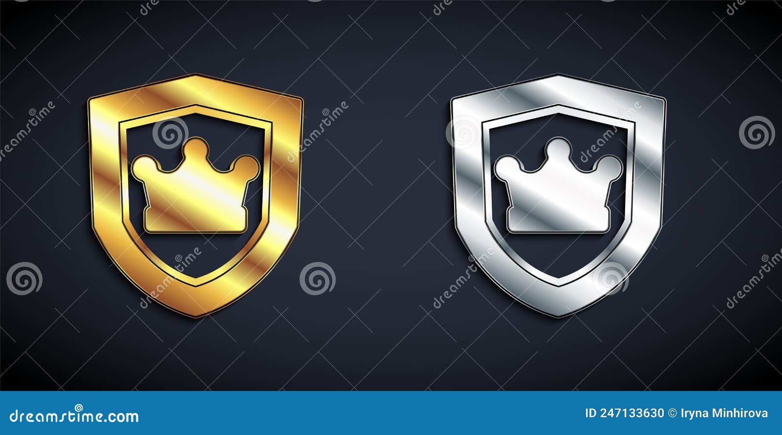 Gold and Silver Shield with Crown Icon Isolated on Black Background ...