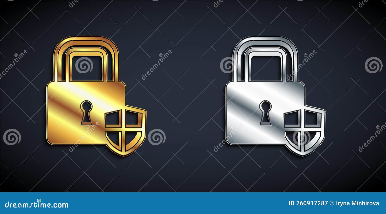 Gold and Silver Shield Security with Lock Icon Isolated on Black ...