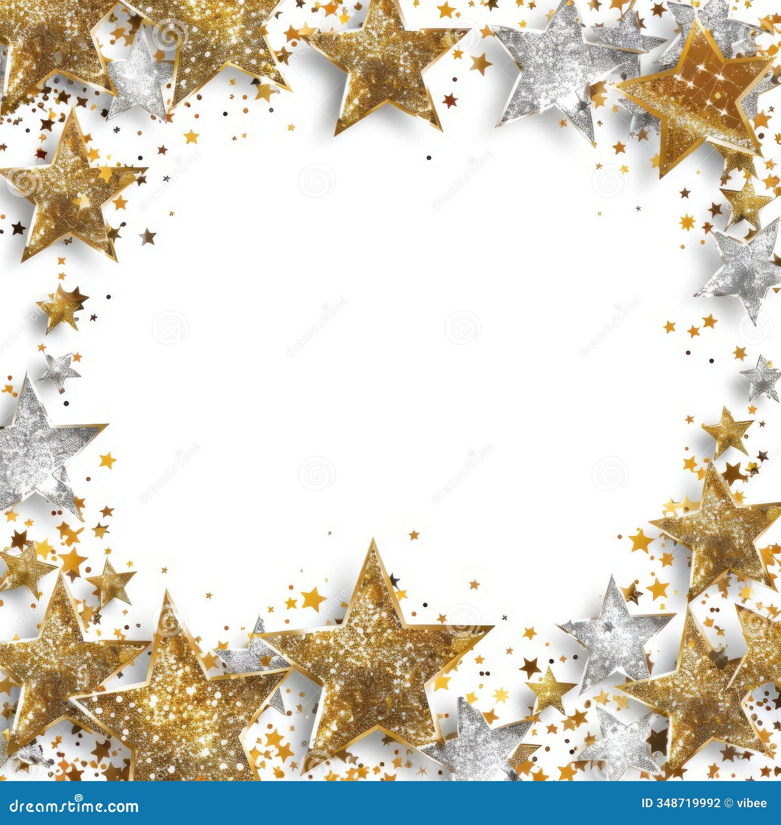 Gold and Silver Stars Frame the Glitter on a White Background, with ...
