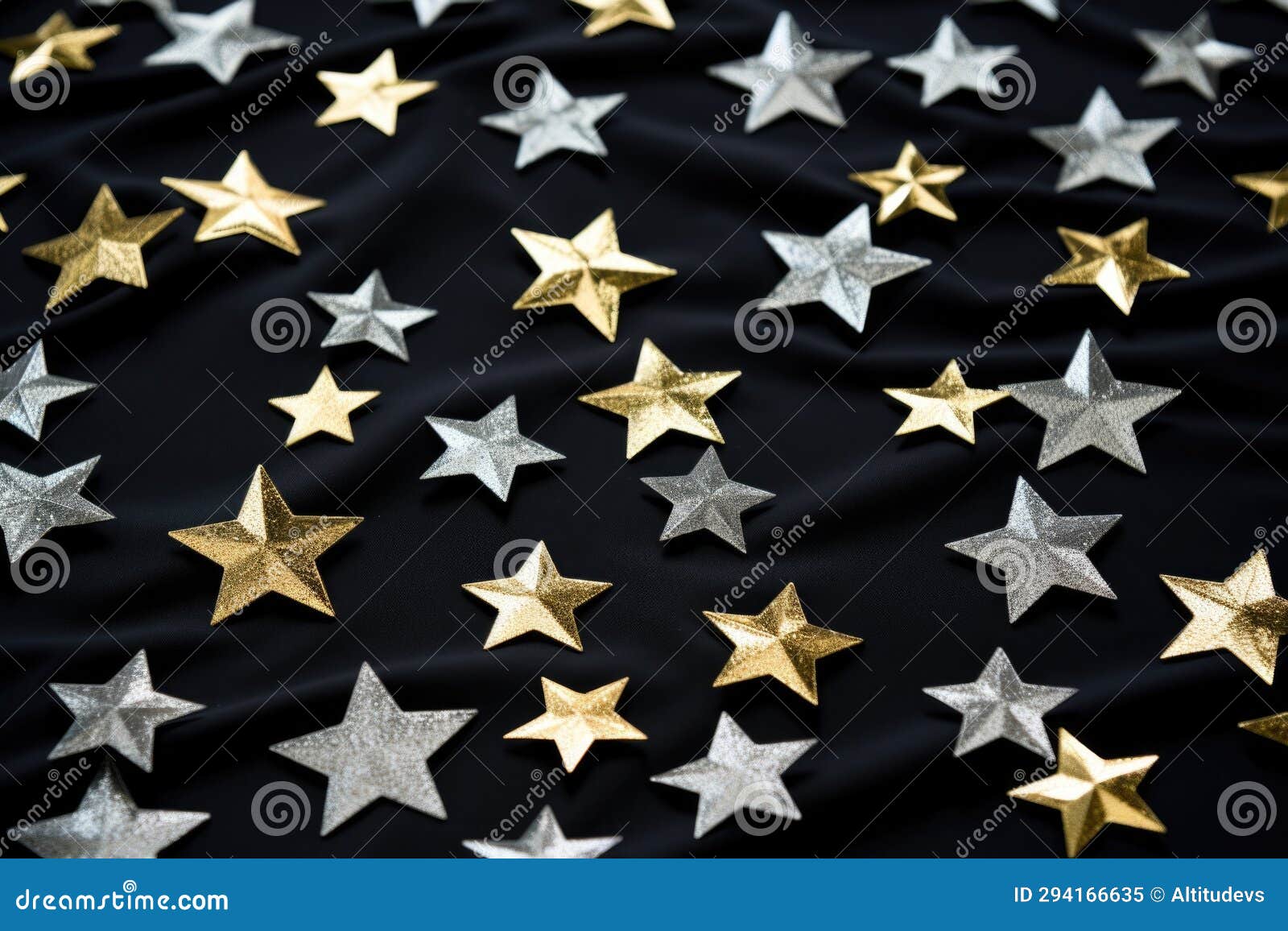 Gold and Silver Stars Scattered on a Black Surface Stock Illustration ...