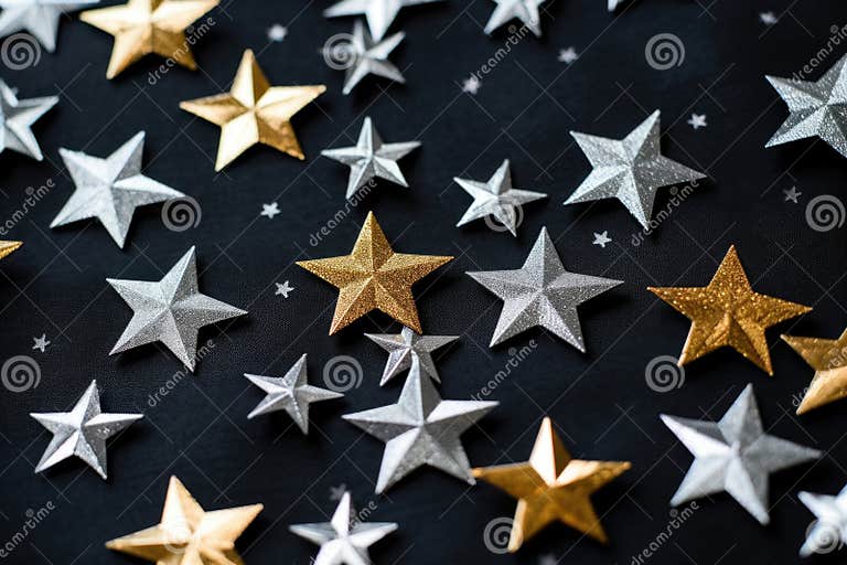 Gold and Silver Stars Scattered on a Black Surface Stock Photo - Image ...