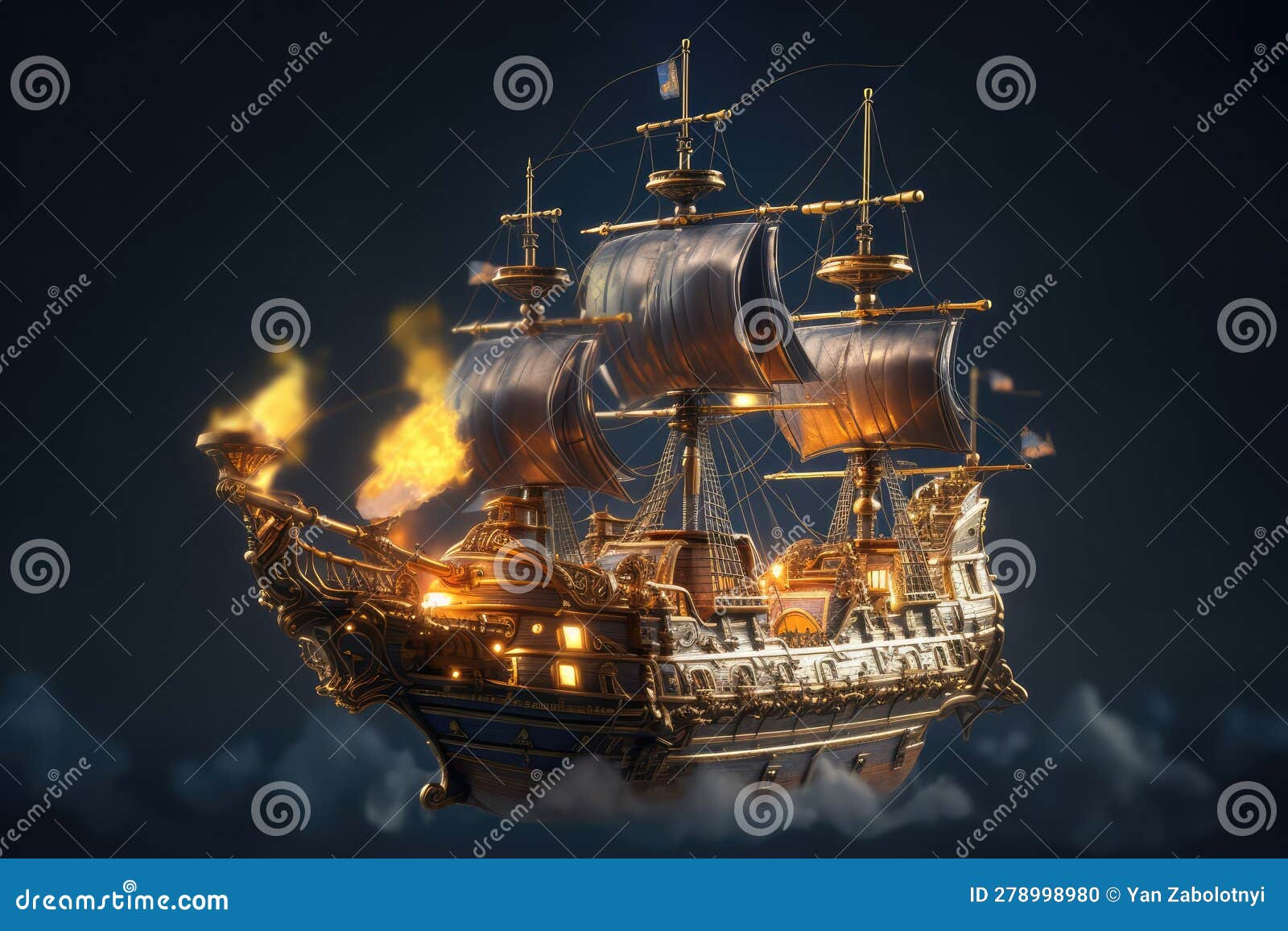 Gold Silver Steampunk Style Ship on Smoky Grey Background Spark ...