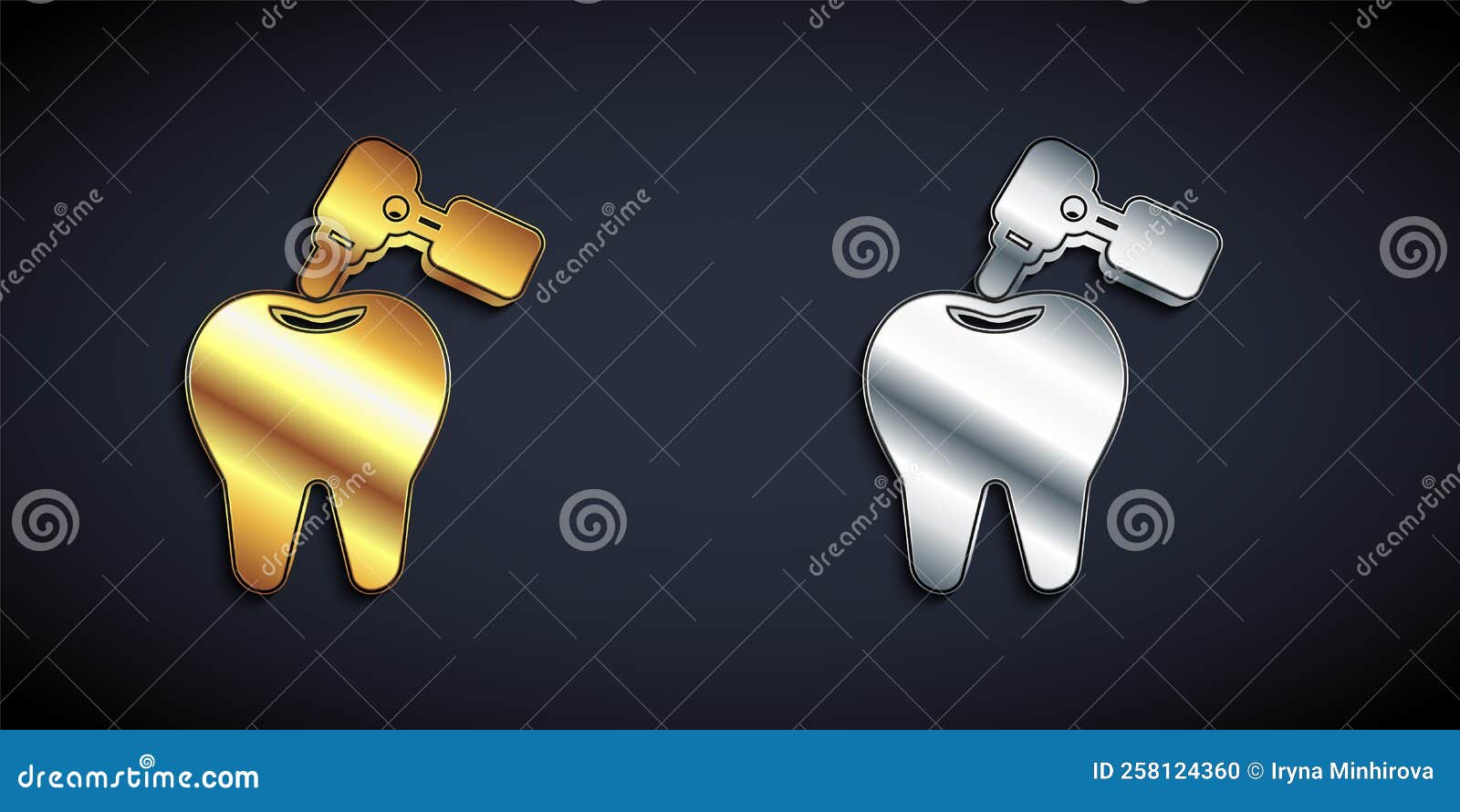 Gold and Silver Tooth with Caries and Tooth Drill Icon Isolated on ...