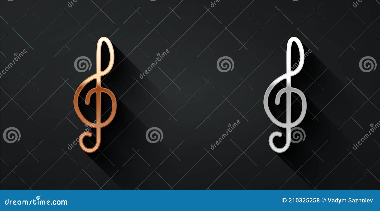 Gold and Silver Treble Clef Icon Isolated on Black Background. Long ...