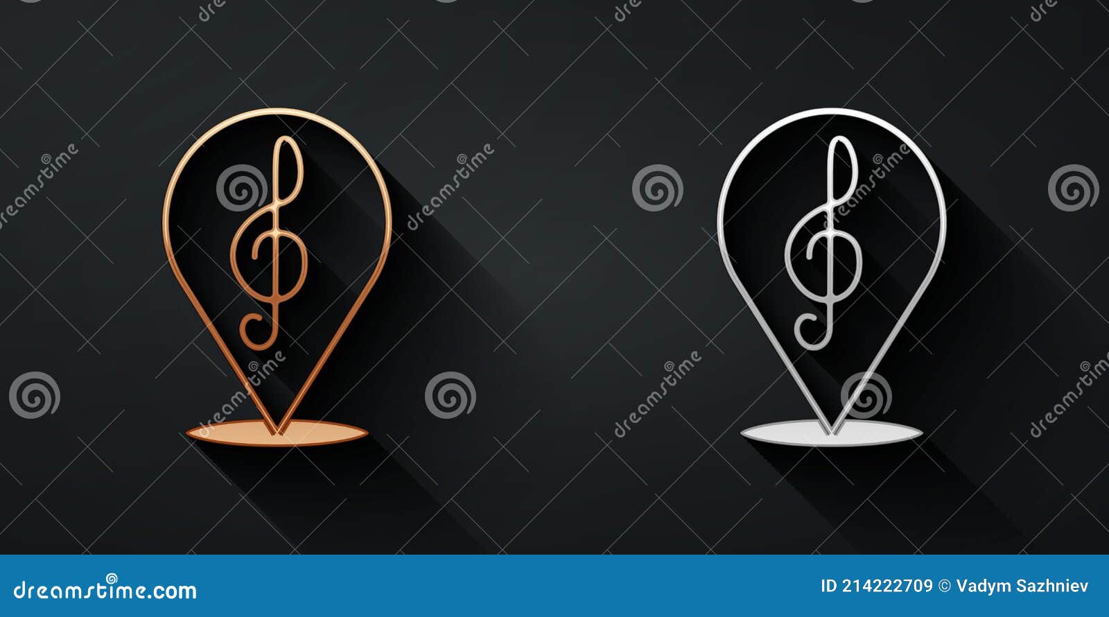 Gold and Silver Treble Clef Icon Isolated on Black Background. Long ...