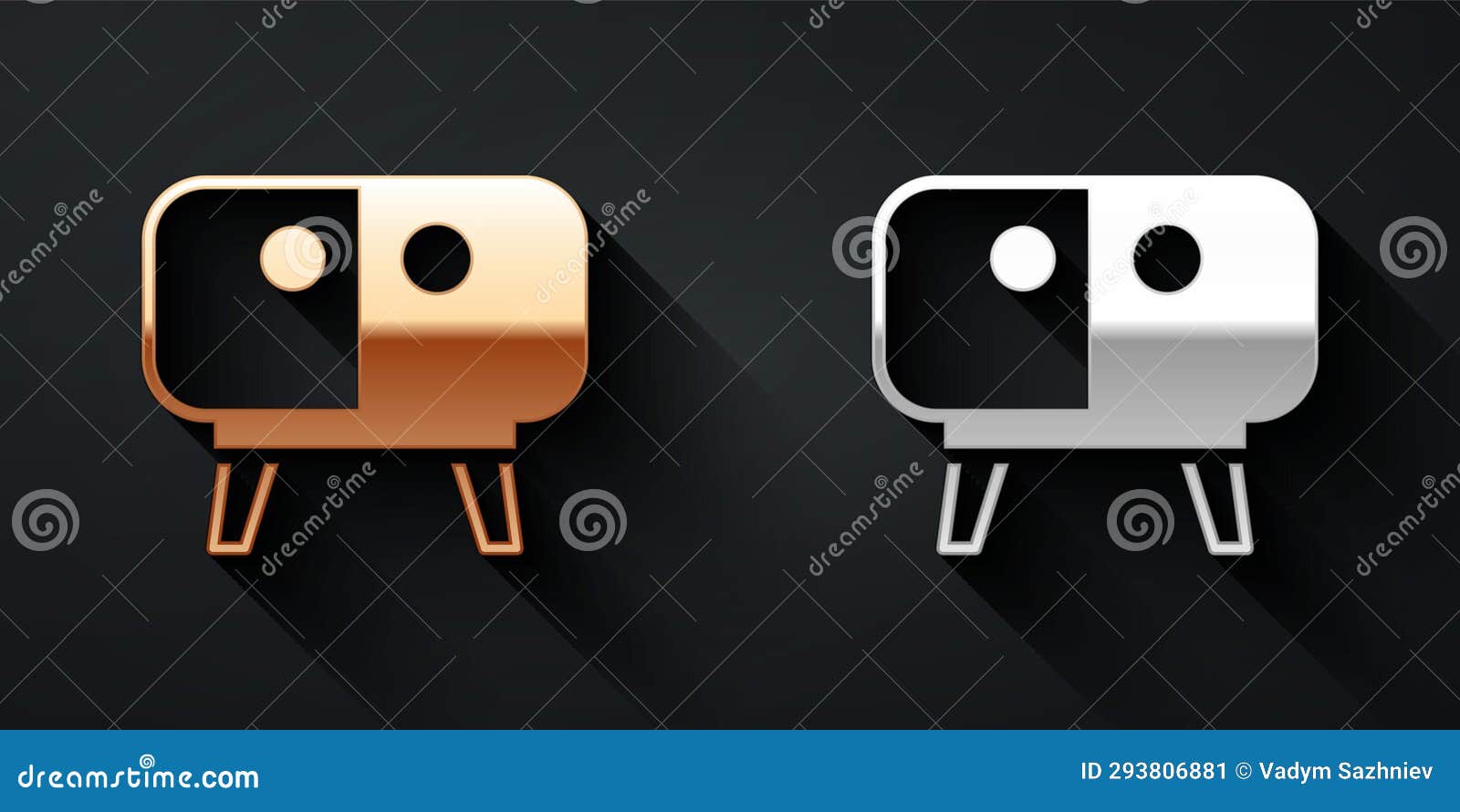 Gold and Silver TV Table Stand Icon Isolated on Black Background. Long ...