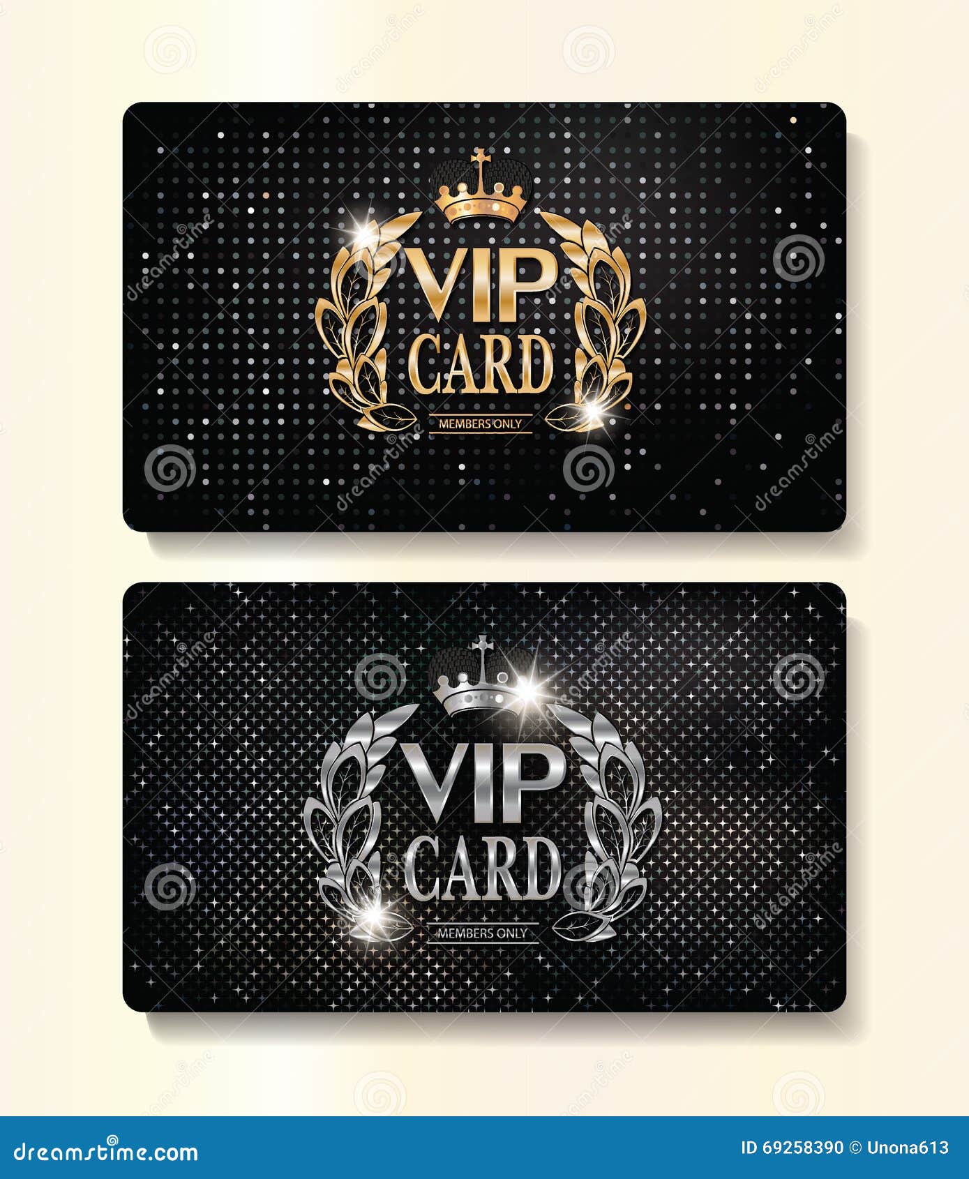 Gold and Silver VIP Cards with Floral Design Elements and Crown Stock ...