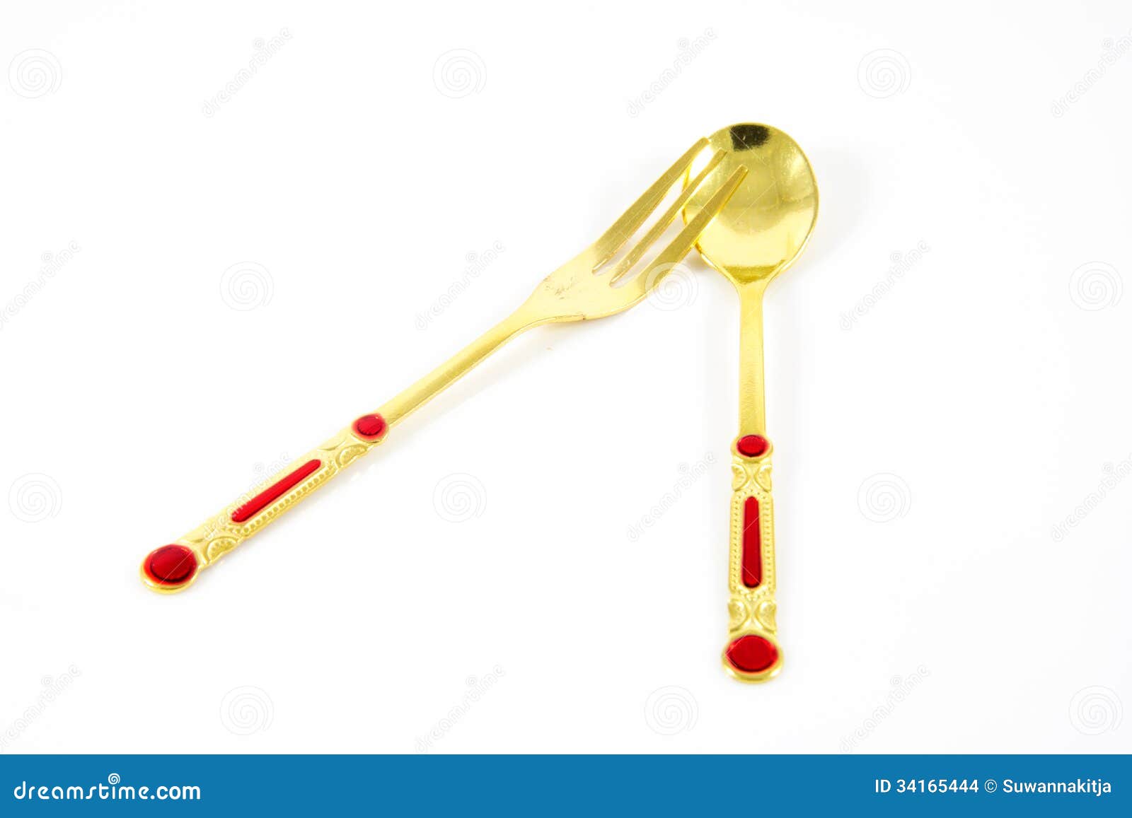 Gold Spoon and Fork Isolated on White Stock Photo - Image of breakfast ...