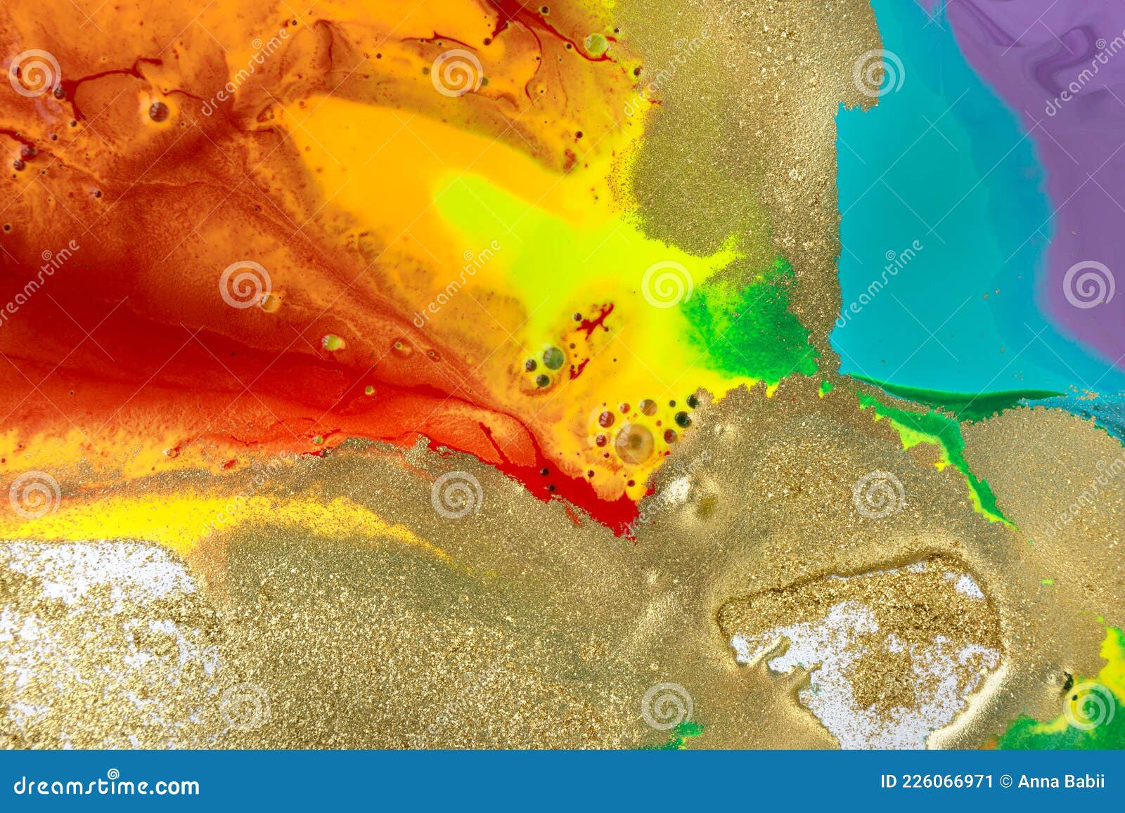 Gold Spots on Rainbow Smudges of Paint. Abstract Pattern. Stock Image ...