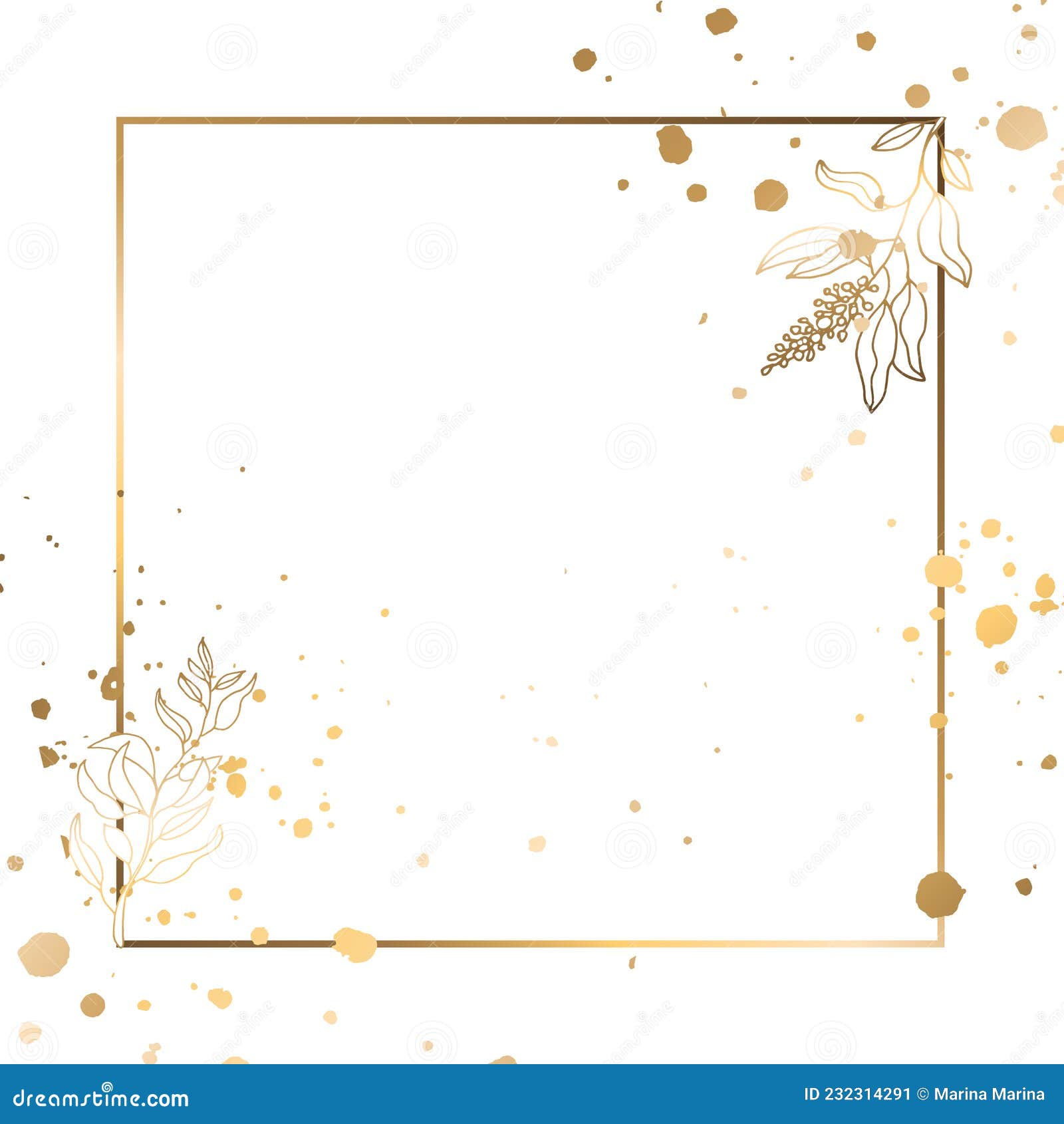 Gold Square Frame with Branches and Flowers. White Background. Vector ...