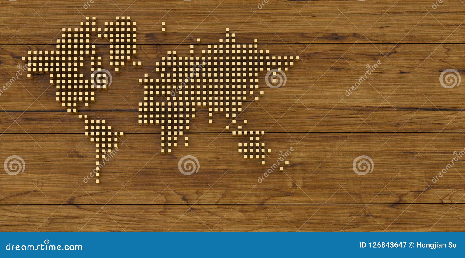 Gold Square World Map on Wood Board 3D Illustration. Stock Illustration ...