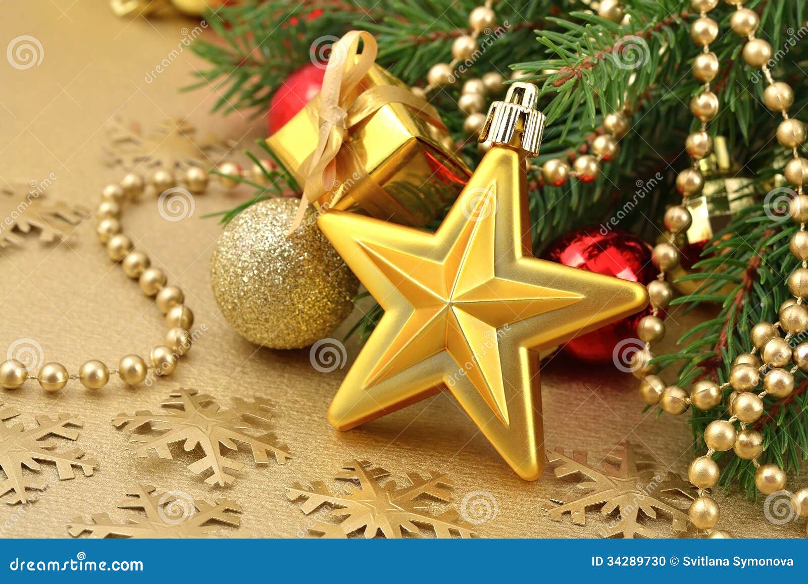 Gold Star and Christmas Decorations Stock Photo - Image of adornment ...