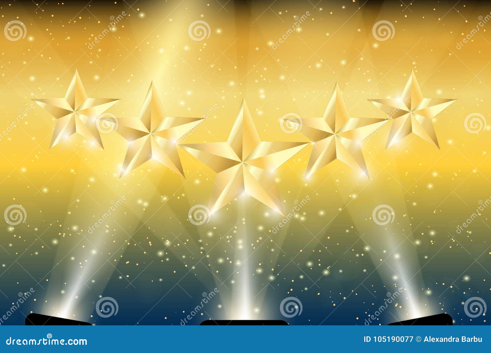 Gold 5 Stars in Spotlights stock vector. Illustration of happy - 105190077