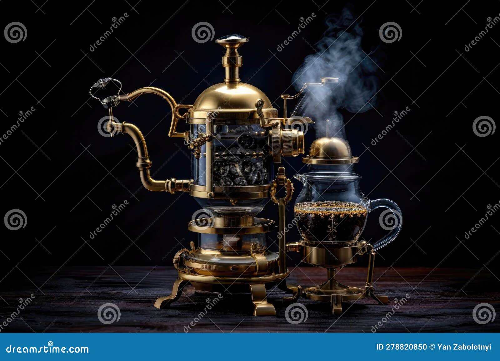Gold Steampunk Coffee Maker on Black Smoky Background. Generative AI ...