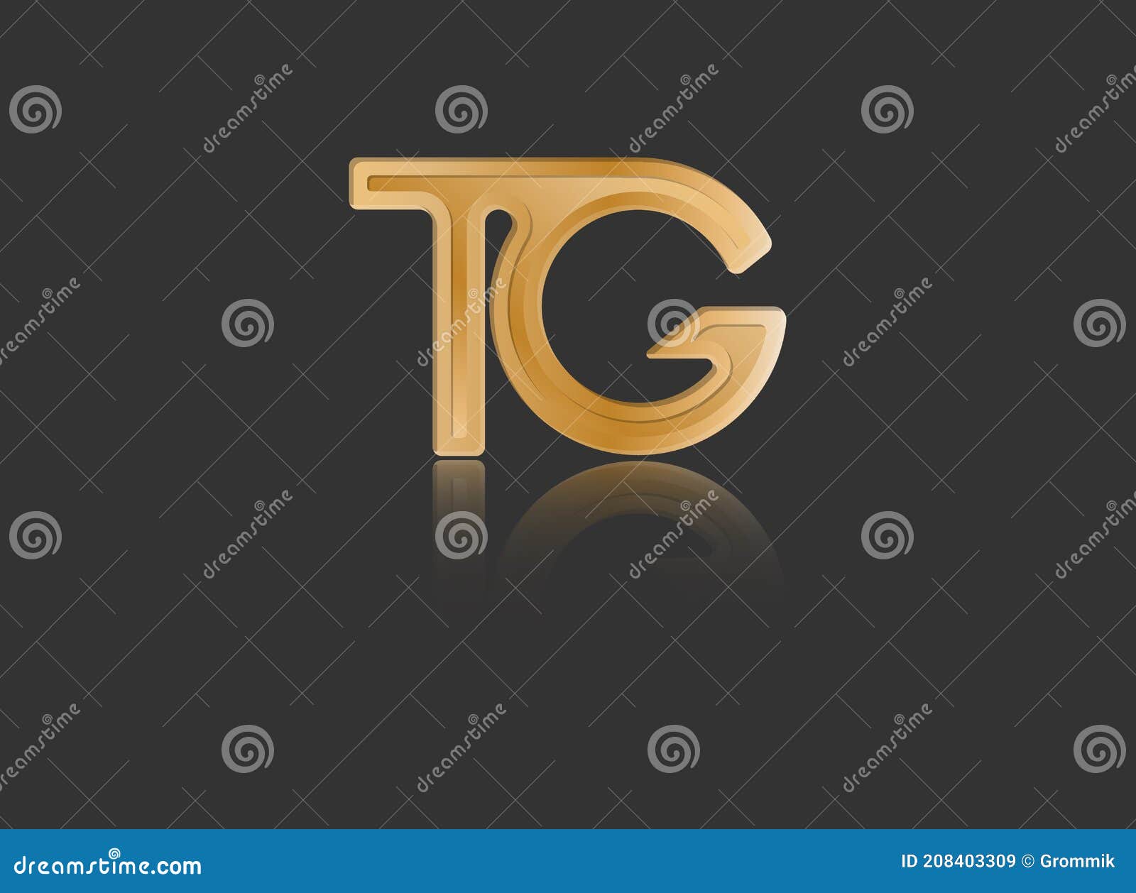 Gold Stylized Lowercase Letters T and G with Reflection Connected by a ...