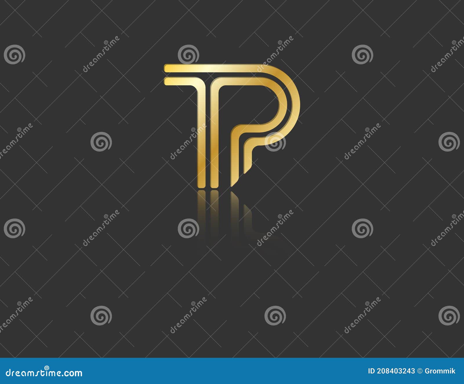 Gold Stylized Lowercase Letters T and P with Reflection Connected by a ...