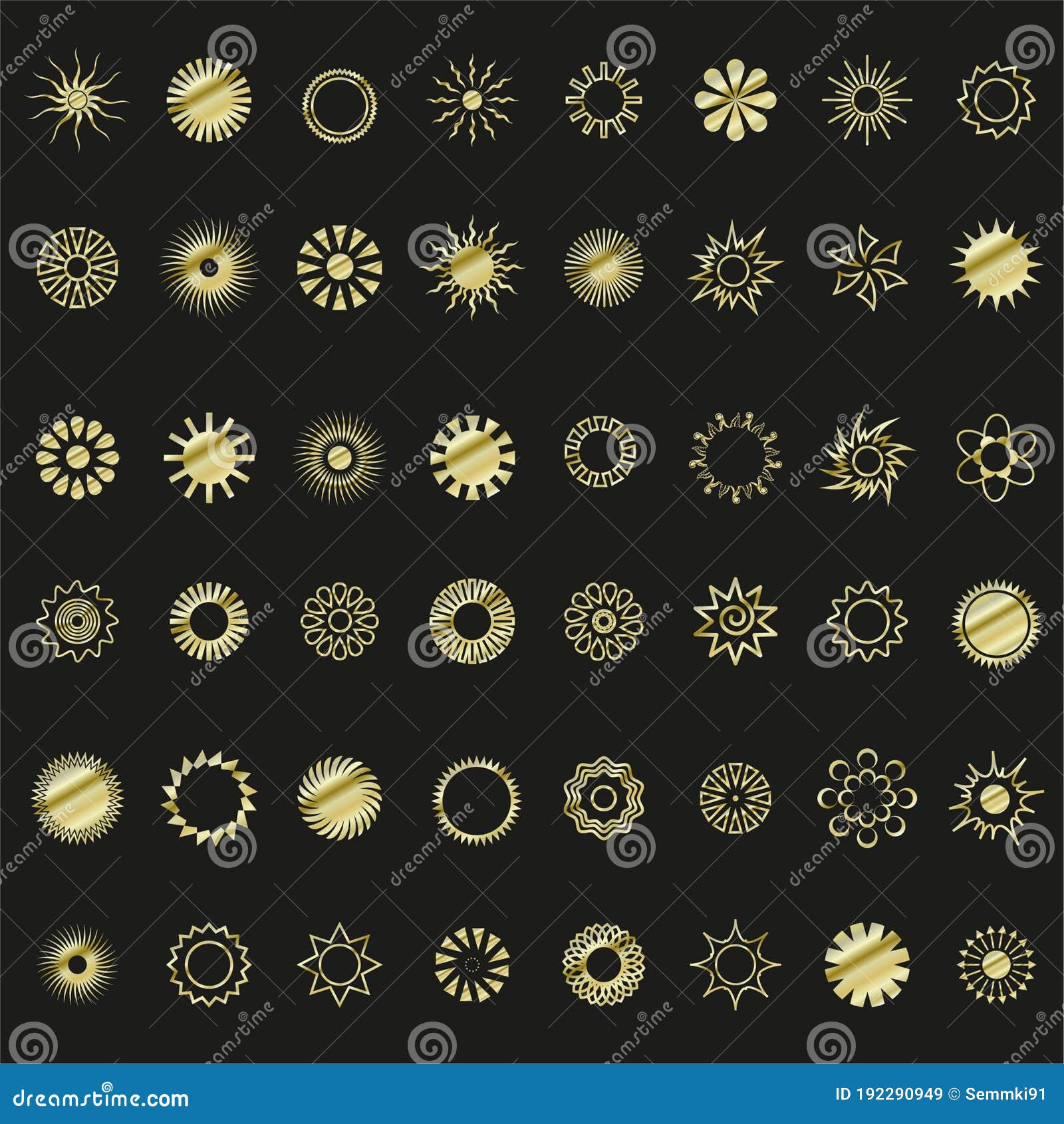 Gold Sun Icons on Black Background, Vector Stock Illustration ...