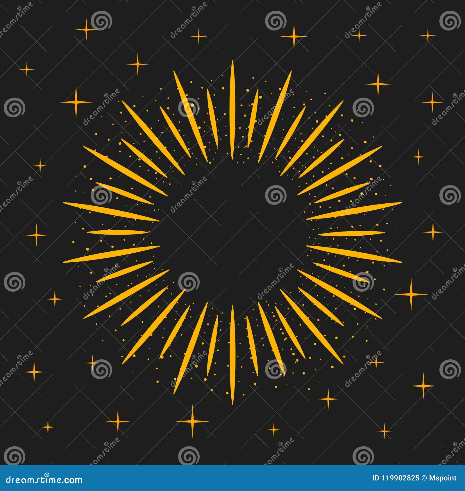 Gold Sunburst Frame. Rays and Magic Dust on Dark Background. Foil ...