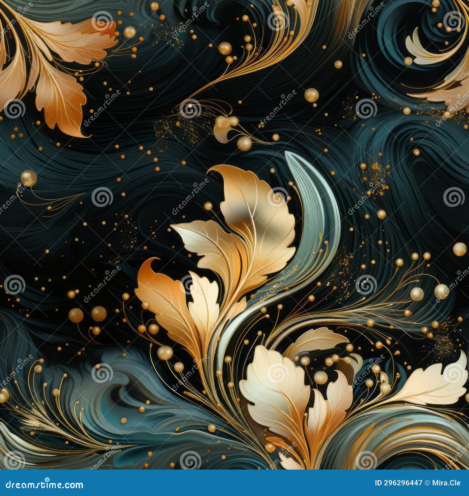 Gold Swirl Pattern on Black Seamless Pattern, Created with Generative ...