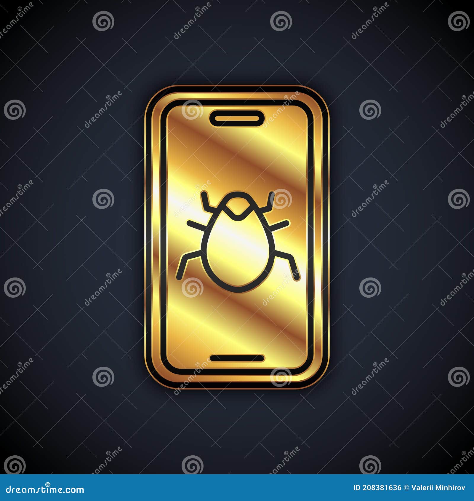 Gold System Bug on Mobile Icon Isolated on Black Background. Code Bug ...