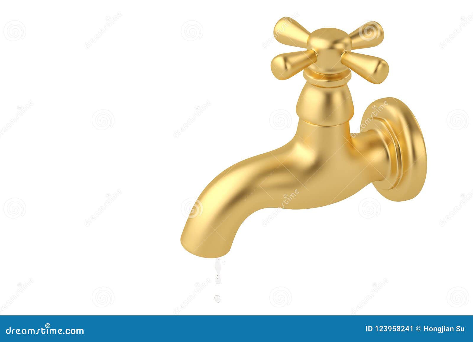 Gold Tap with a Water Stream Isolated on White 3d Illustration. Stock ...