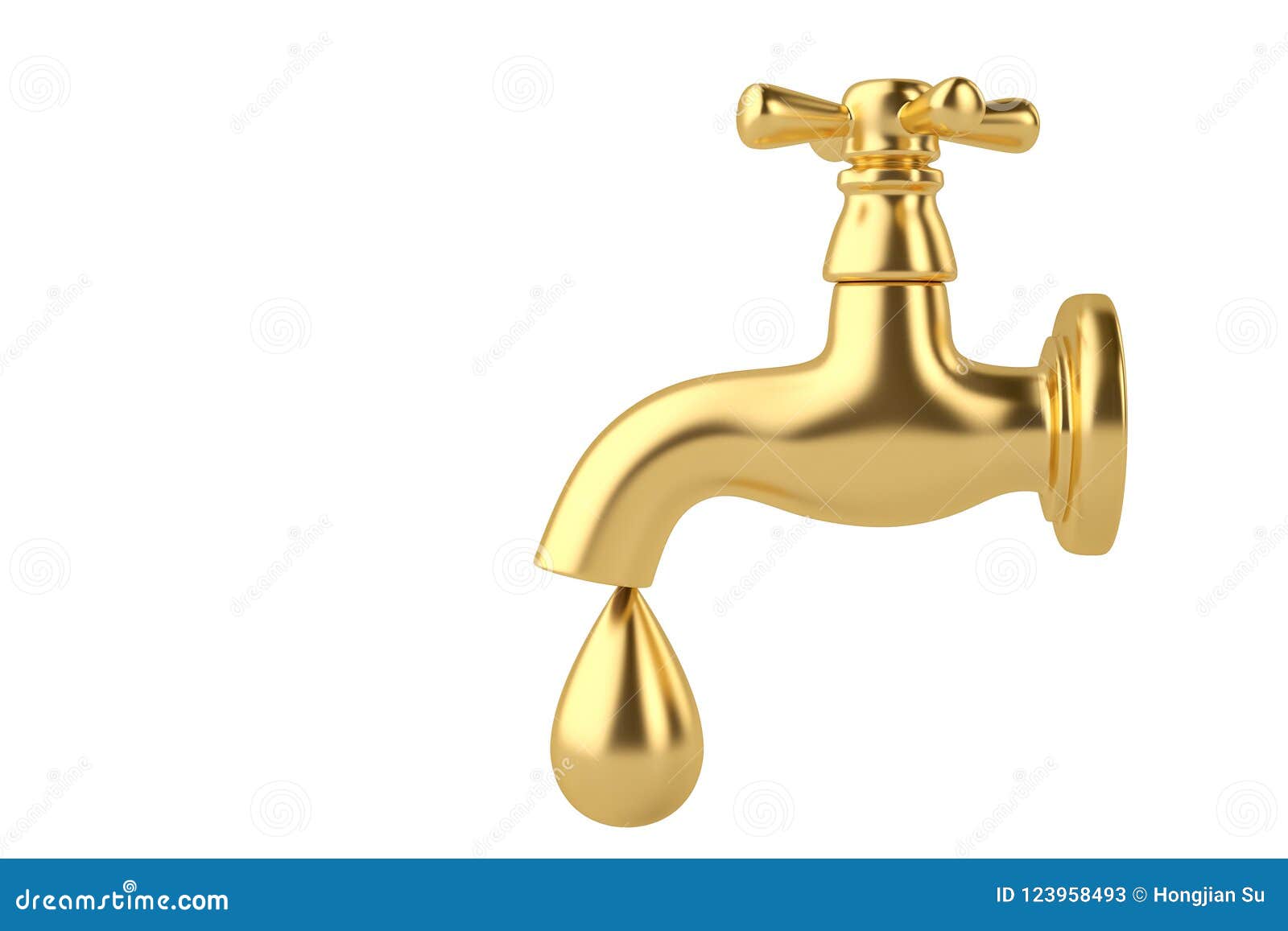 Gold Tap with a Water Stream Isolated on White 3d Illustration. Stock ...