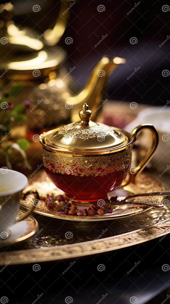 A Gold Tea Pot and Cups on a Table, AI Stock Photo - Image of ...